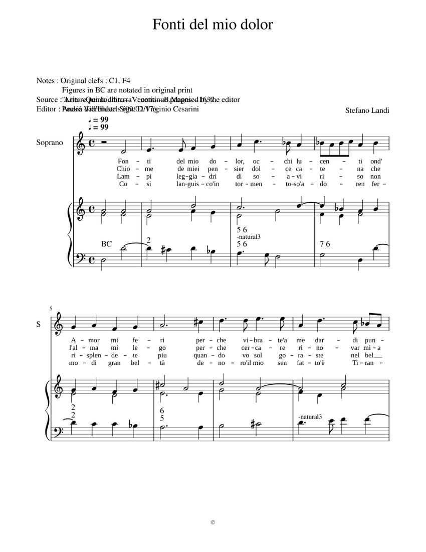 Fonti del mio dolor - Stefano Landi Sheet music for Piano, Soprano ...