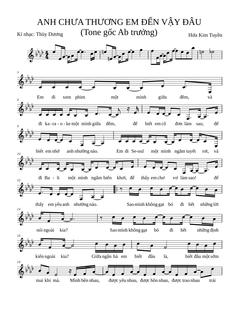 Anh Chưa Thương Em đến Vậy đâu Sheet Music For Piano Solo