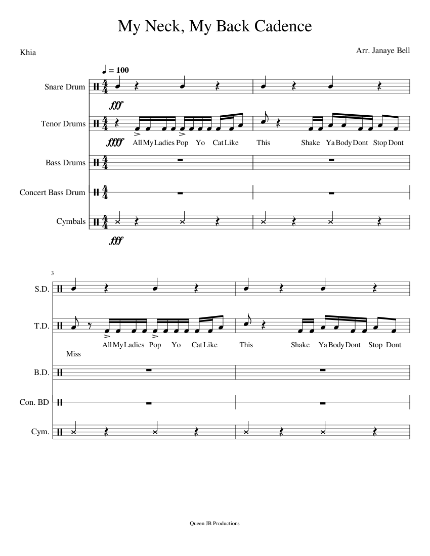 My Neck, My Back Cadence Sheet Music for Snare drum, Crash, Tenor drum ...