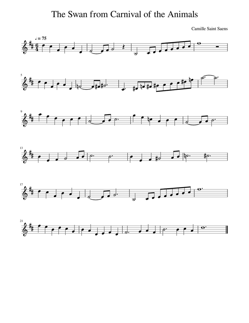 The Swan from Carnival of the Animals Sheet Music for Flute (Solo ...