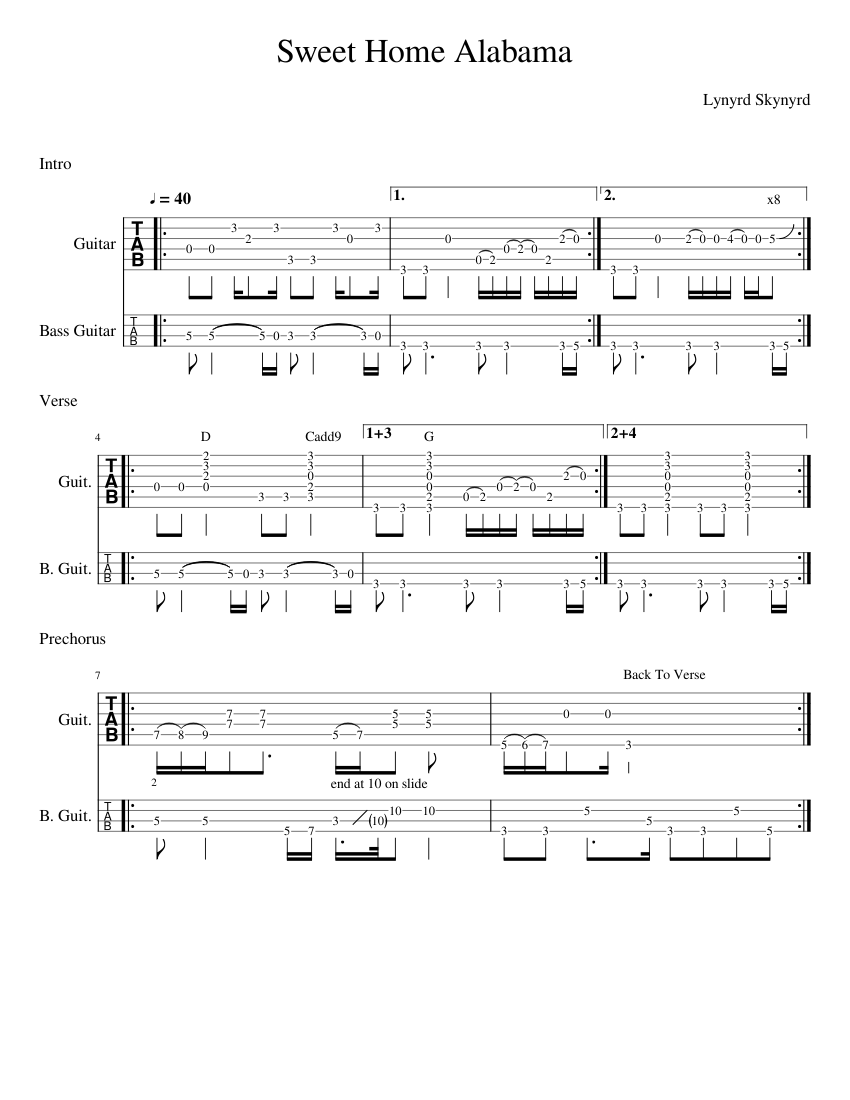 Sweet Home Alabama - Lynyrd Skynyrd Sheet Music for Guitar, Bass guitar ...