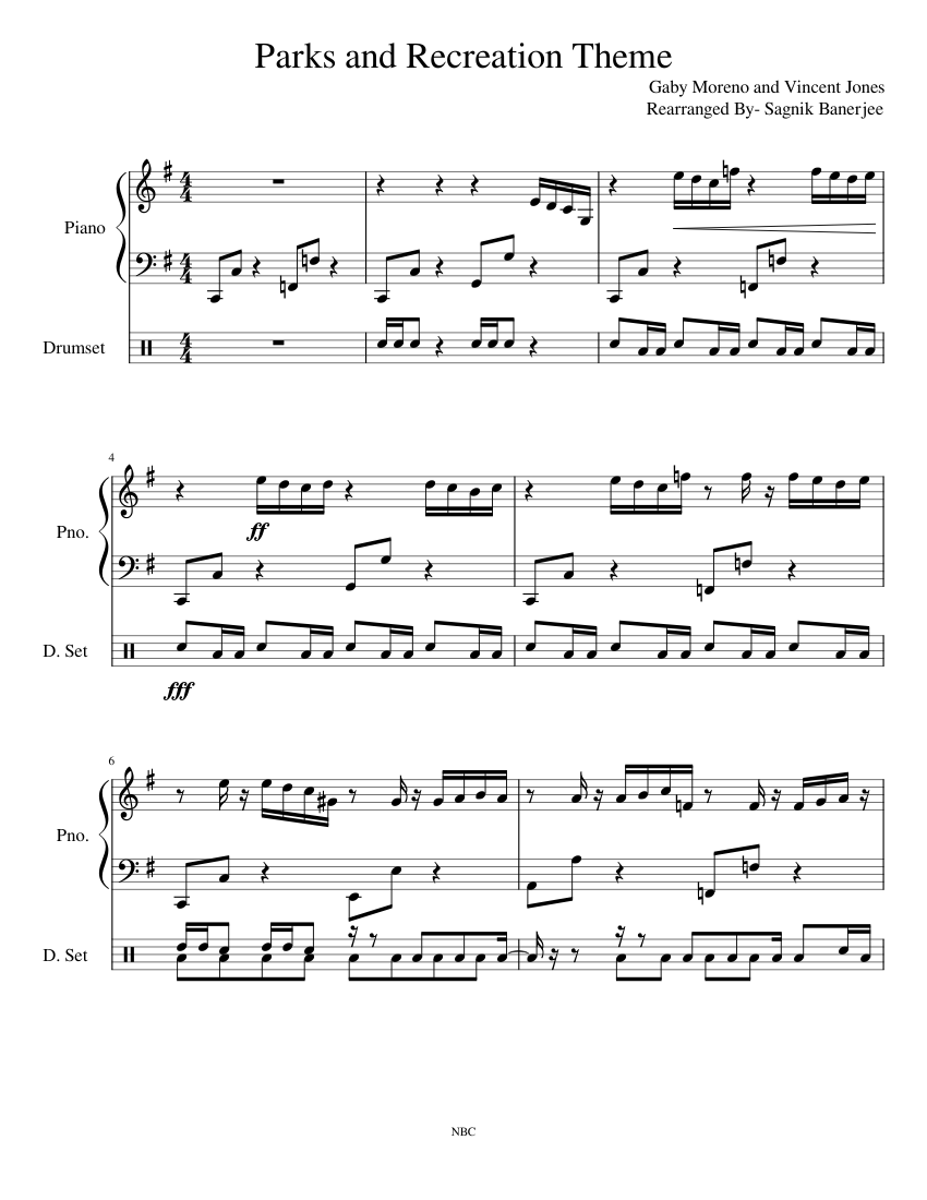 Parks and Recreation Theme Sheet Music for Piano, Drum group (Mixed ...