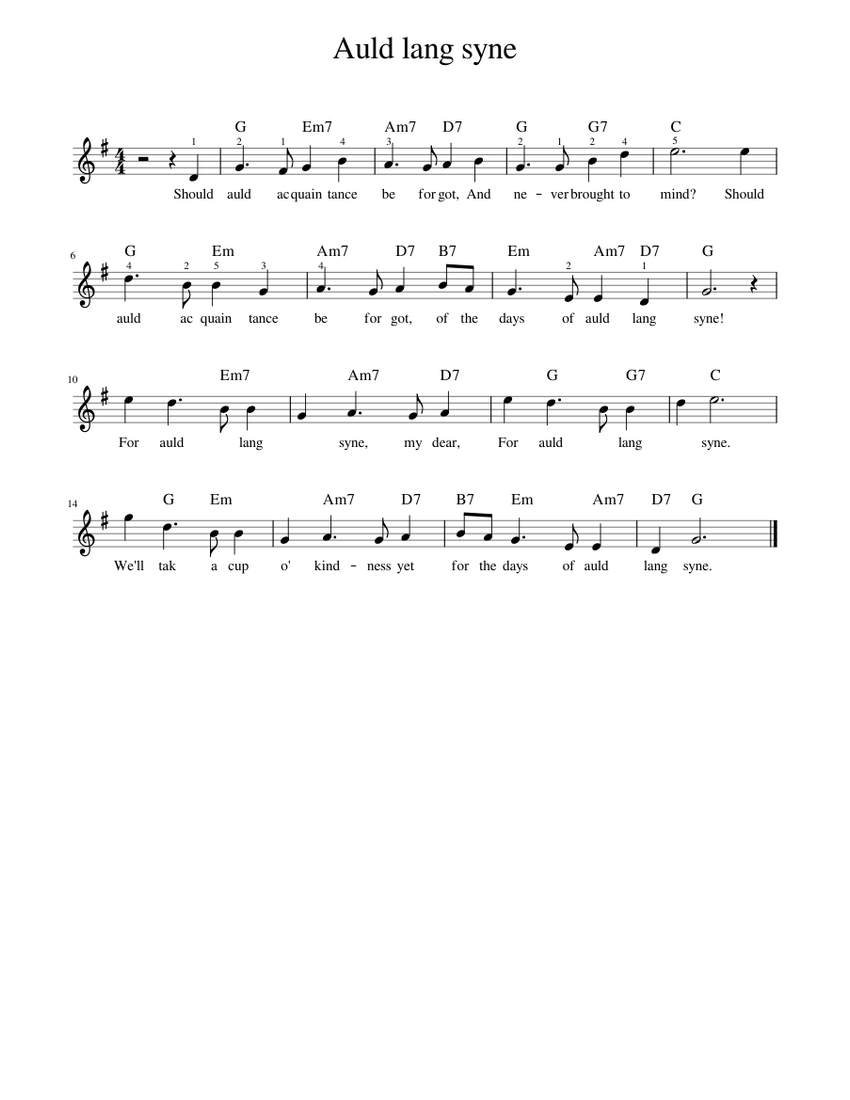 Auld lang syne G Major Sheet Music with Chords for Piano (Solo) easy ...
