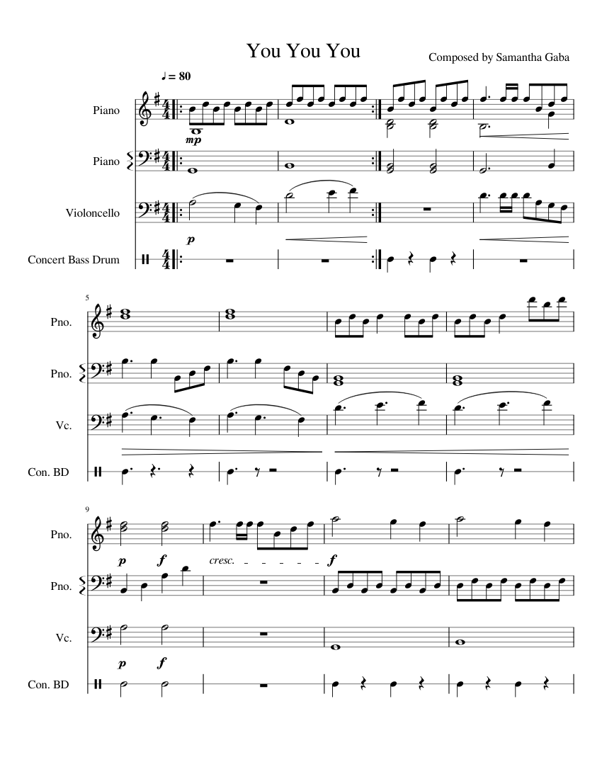 You You You Sheet music for Piano, Cello, Bass drum (Mixed Quartet ...