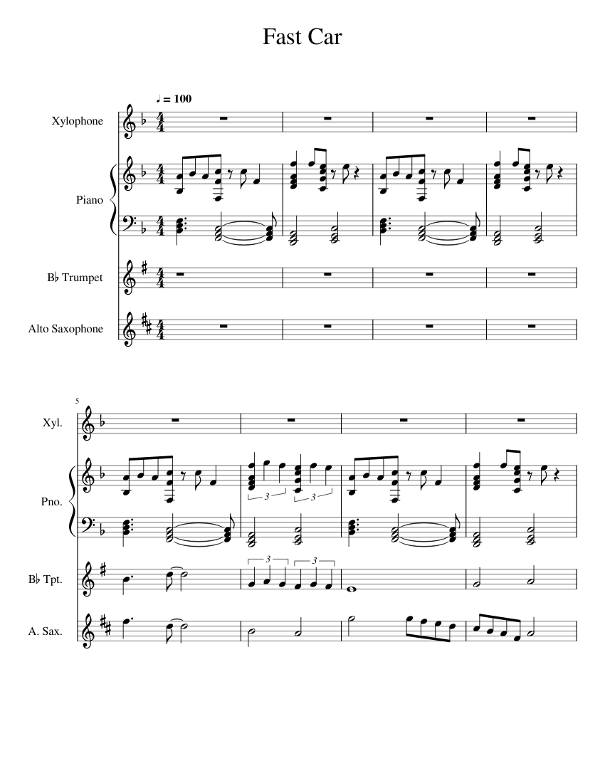 Fast_Car Sheet Music for Piano, Saxophone alto, Trumpet in b-flat ...