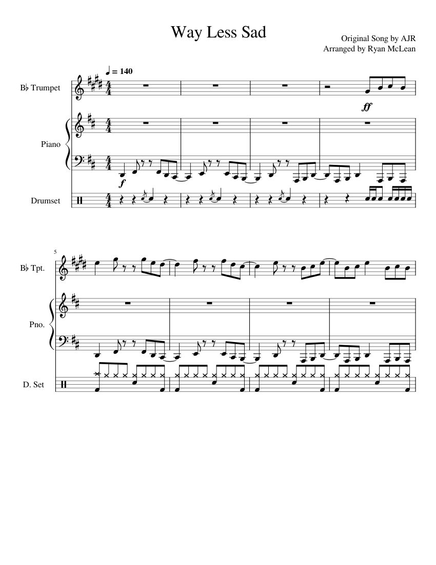Way Less Sad - AJR Sheet Music for Piano, Trumpet in b-flat, Drum group ...