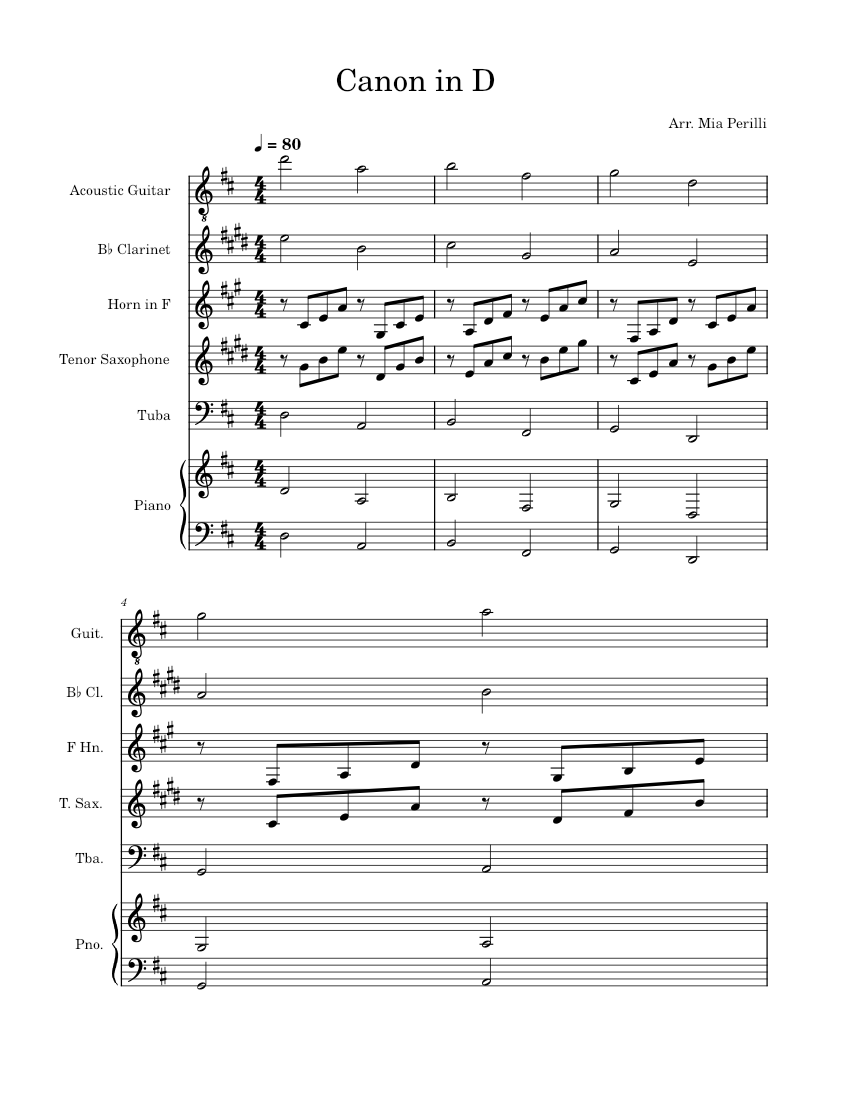 Canon In D Sheet Music For Piano Tuba Clarinet In B Flat Saxophone Tenor And More Instruments
