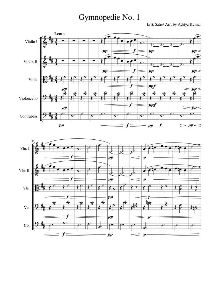 Gymnopedie No. 1 Sheet music for Contrabass, Violin, Viola, Cello (String Quintet) | Musescore.com