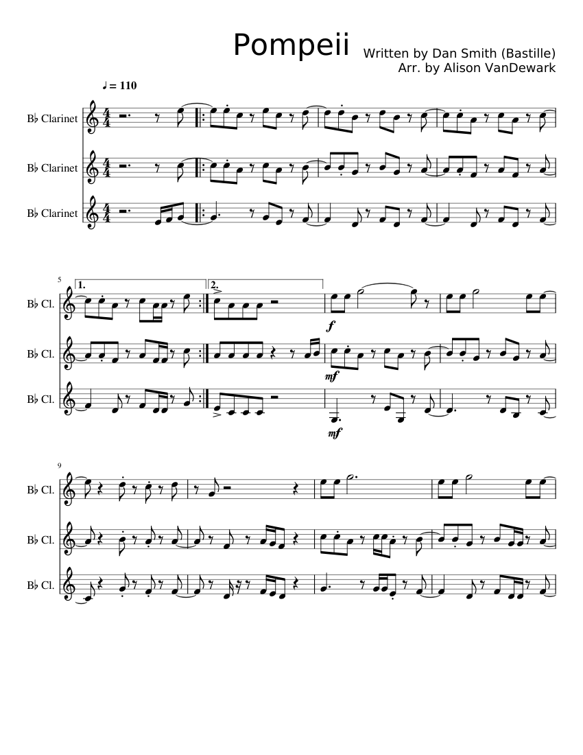 Pompeii Sheet Music for Clarinet in b-flat (Mixed Trio) | MuseScore.com
