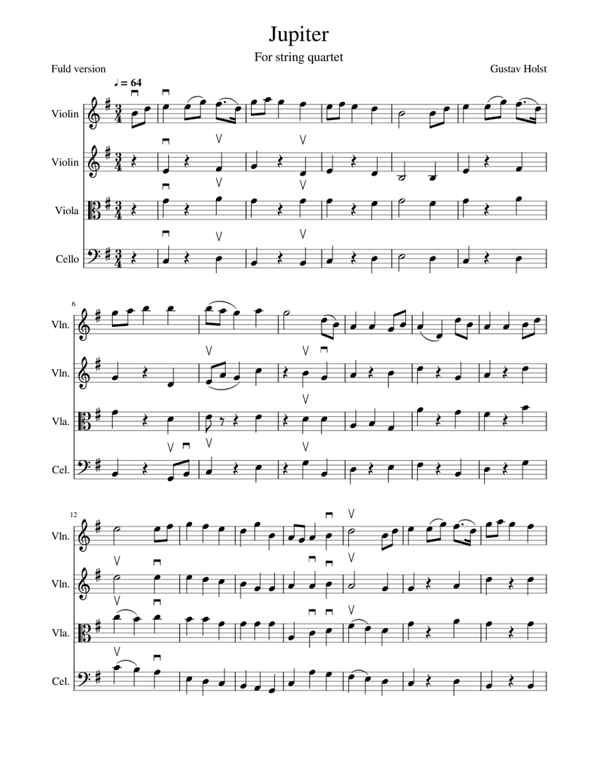 Jupiter for string quartet Sheet Music for Violin, Viola, Cello (String ...