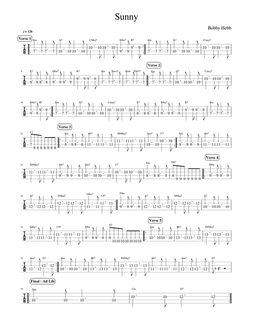 Sunny Sheet Music and Tab for Bass guitar (Solo) | MuseScore.com