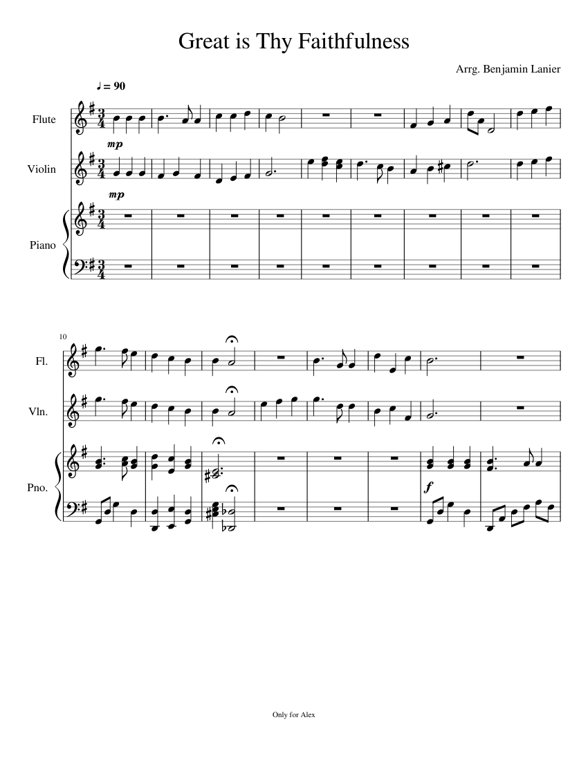 Great is Thy Faithfulness Sheet Music for Piano, Flute, Violin (Mixed ...