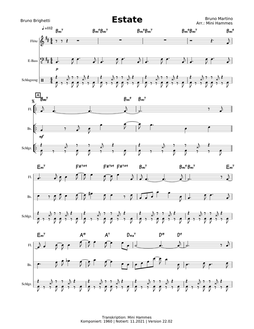 Bruno Martino - Estate Sheet music for Flute, Bass guitar, Drum group ...