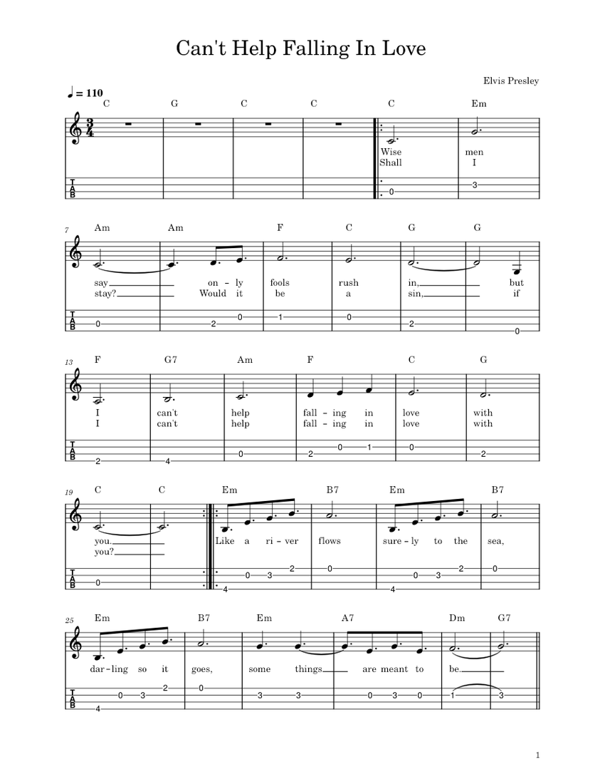 Can't Help Falling In Love - Elvis Presley Sheet Music and Tab with ...