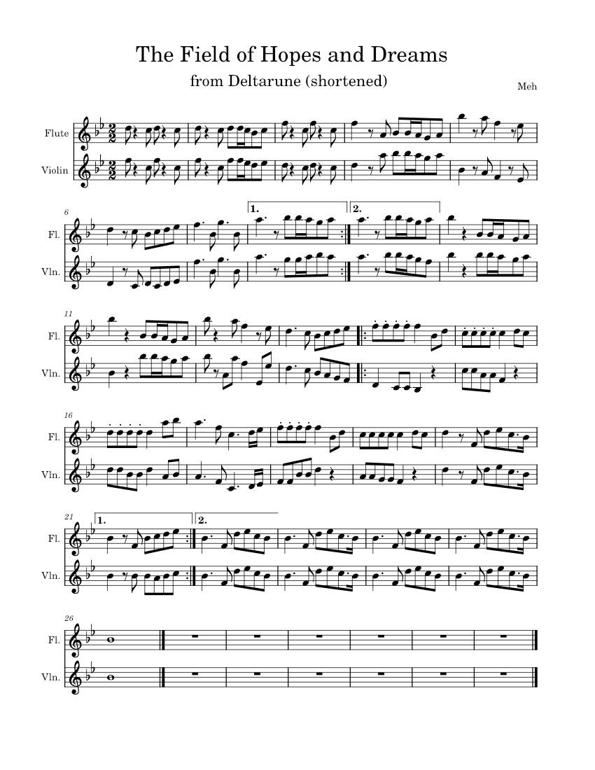 Field of Hopes and Dreams – Toby Fox Sheet Music for Flute, Violin (String Duet) | MuseScore.com