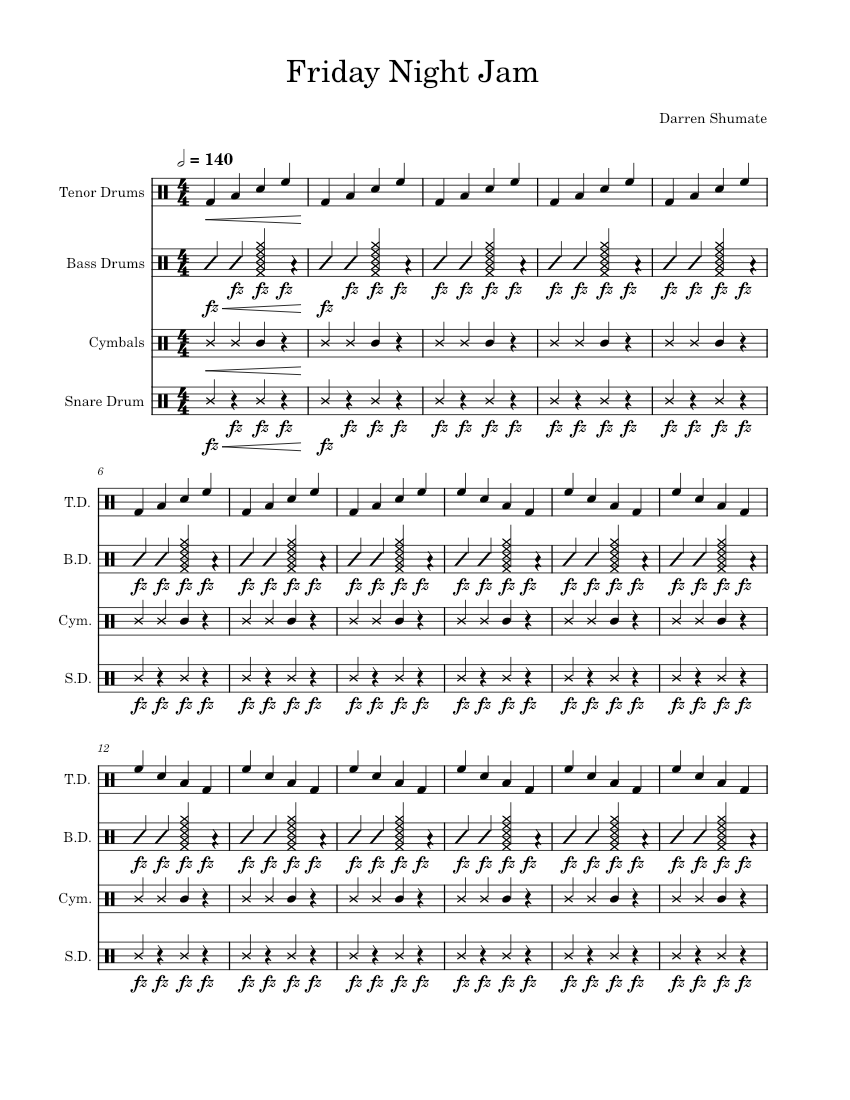friday night jam Sheet music for Snare drum, Crash, Tenor drum, Bass ...