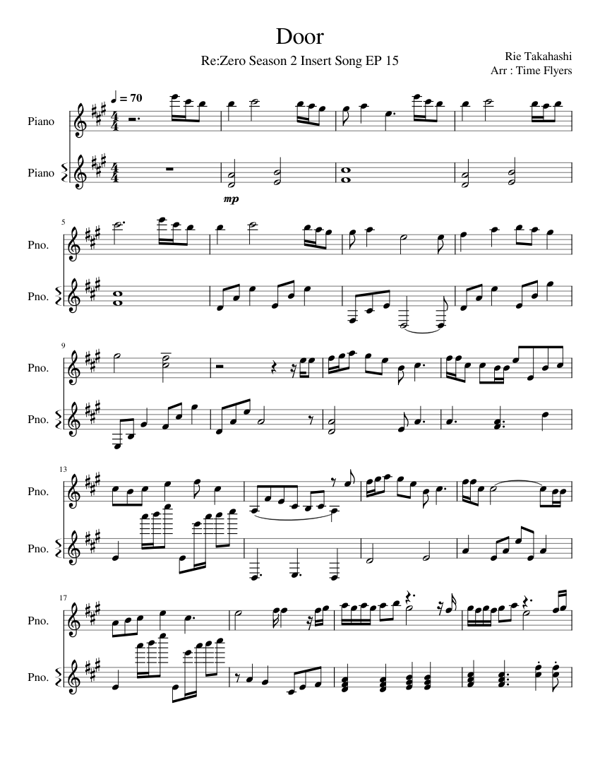Door Emilia's Song Re:Zero Season 2 Insert Song EP 15 – Rie Takahashi Sheet Music for Piano ...
