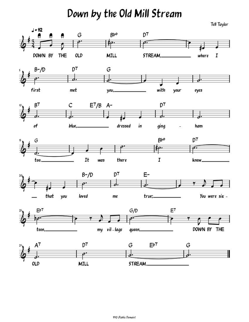 Down by the Old Mill Stream (Lead sheet with lyrics ) Sheet Music with ...