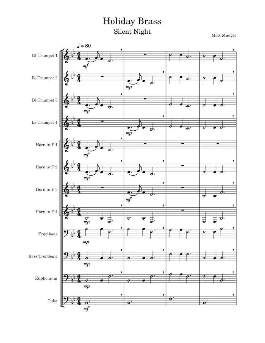 Silent Night Sheet Music for Trombone, Euphonium, Tuba, Trombone bass ...