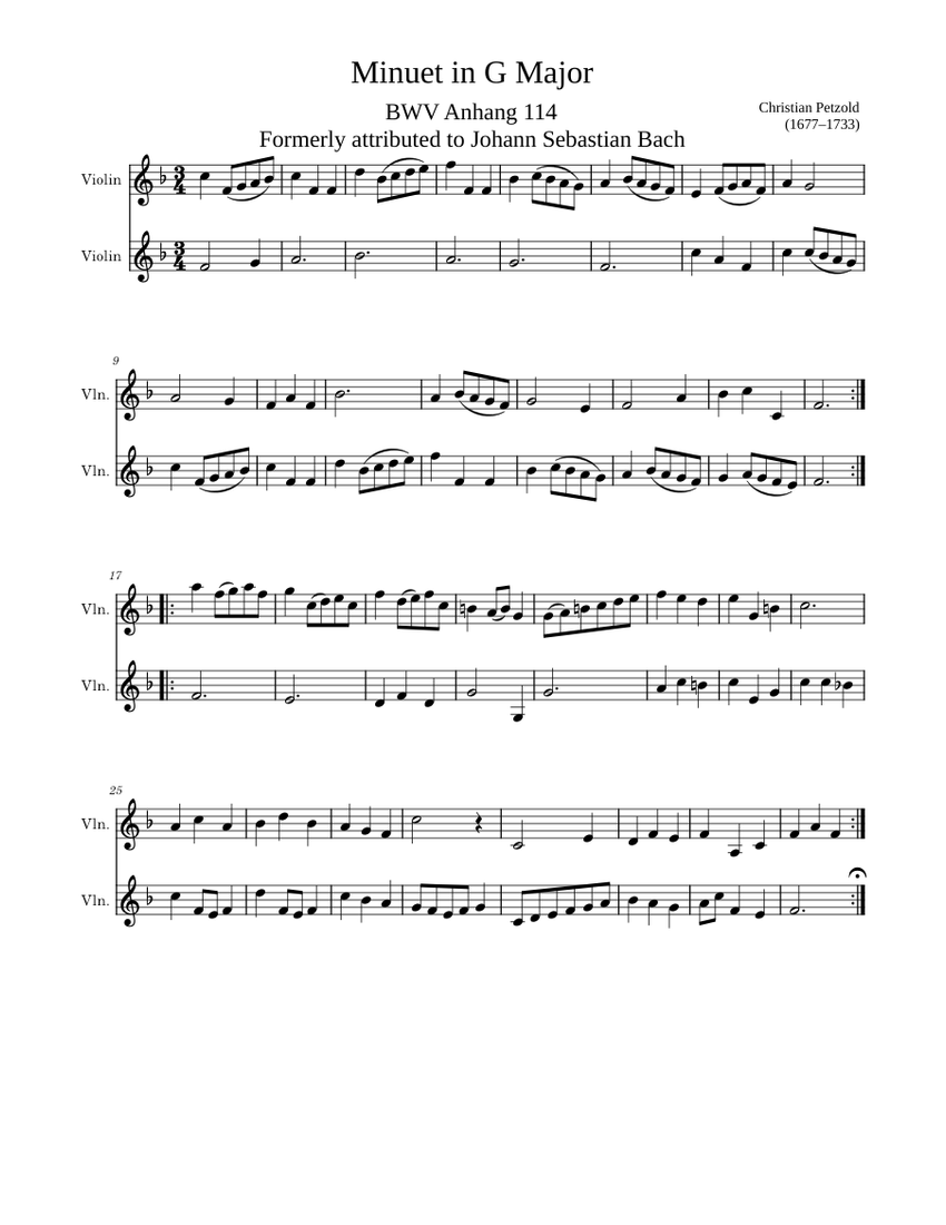 Bach Minuet for two violins Sheet Music for Violin (String Duet ...