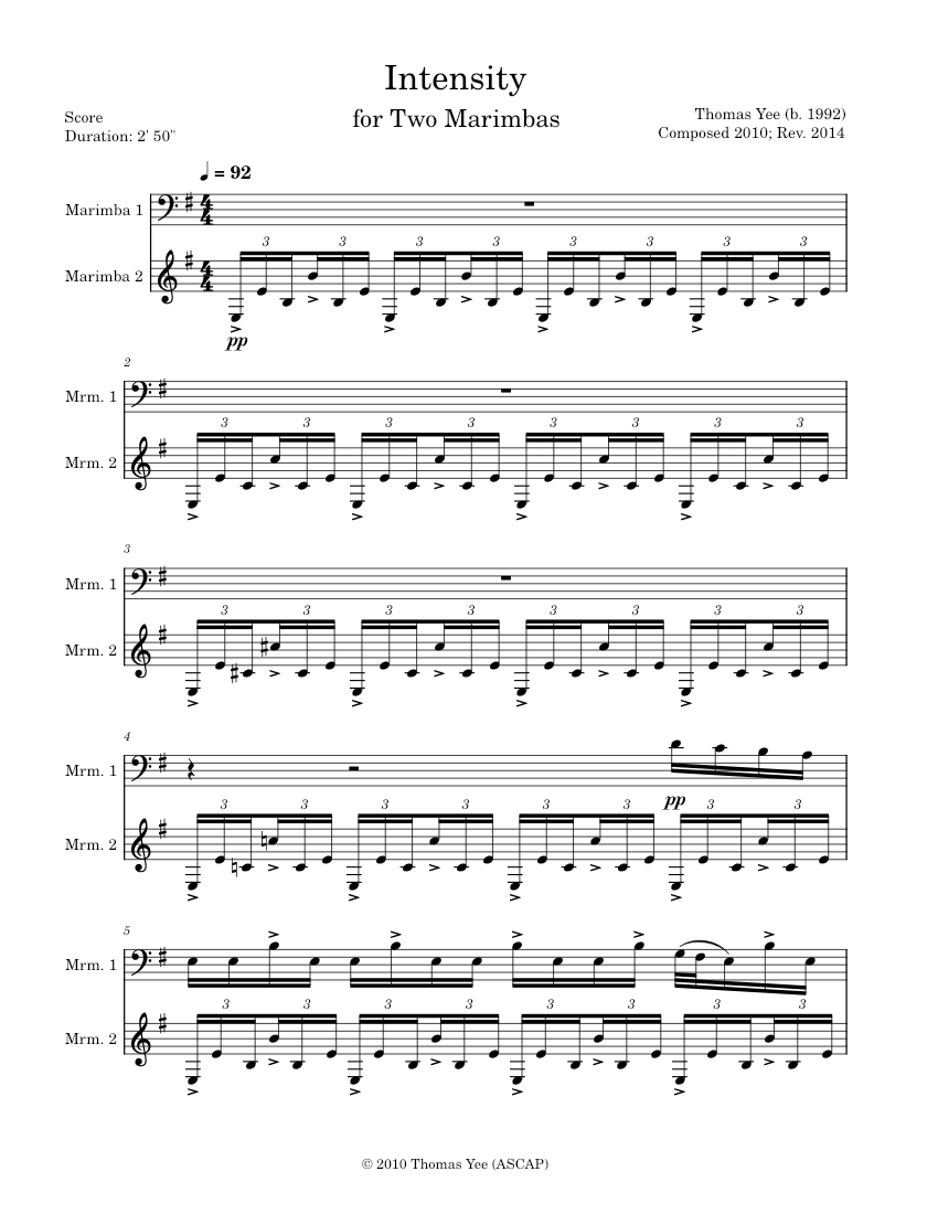 Intensity – Thomas Yee Sheet Music for Marimba (Percussion Duet ...