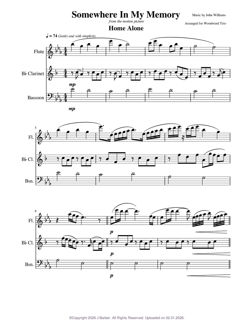 Somewhere In My Memory - John Williams Sheet music for Flute, Clarinet ...