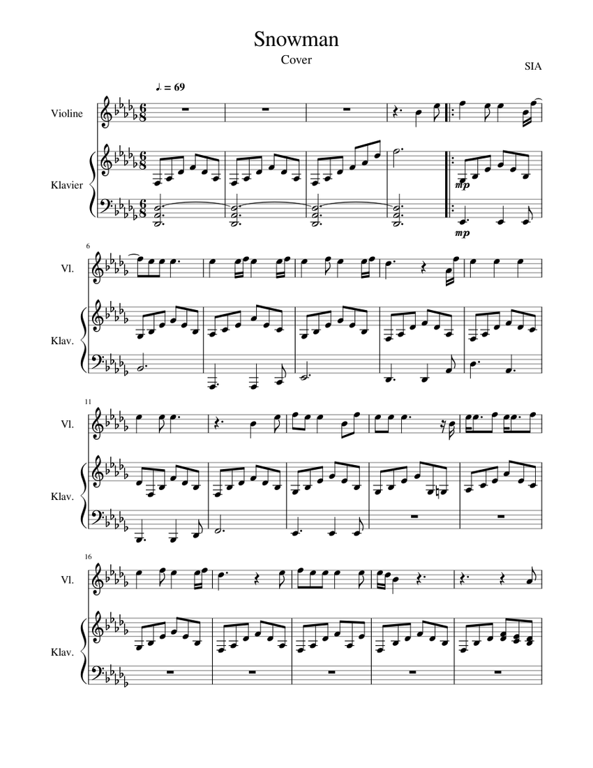 Snowman Sheet Music for Piano, Violin (Solo) | MuseScore.com