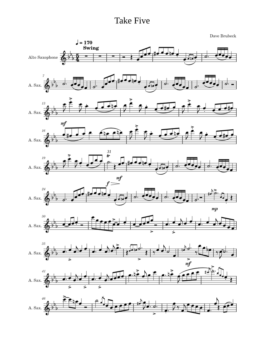 Take Five – The Dave Brubeck Quartet - Alto saxophone Sheet Music for ...