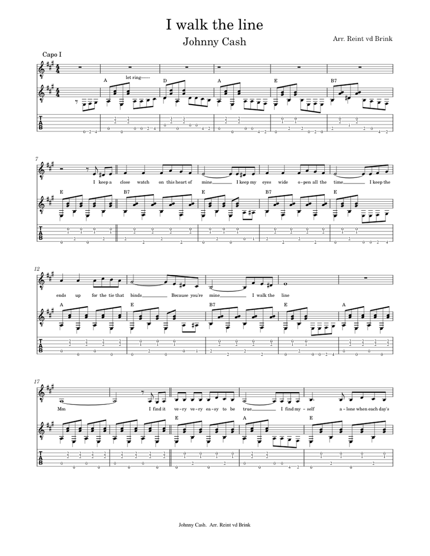 I walk the line - Guitar + Lyrics Sheet Music and Tab with Chords for ...