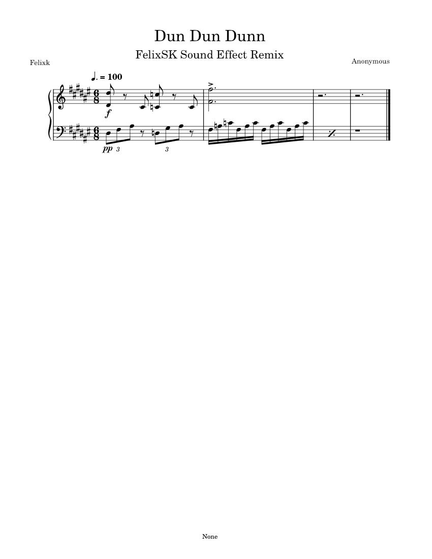 Dun Dun Dunnnnn Sound Effect Remix Piano Solo Sheet Music for Piano ...