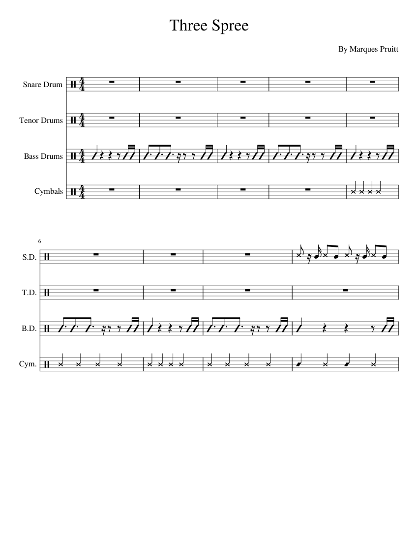 Three Spree Sheet music for Snare drum, Crash, Tenor drum, Bass drum ...