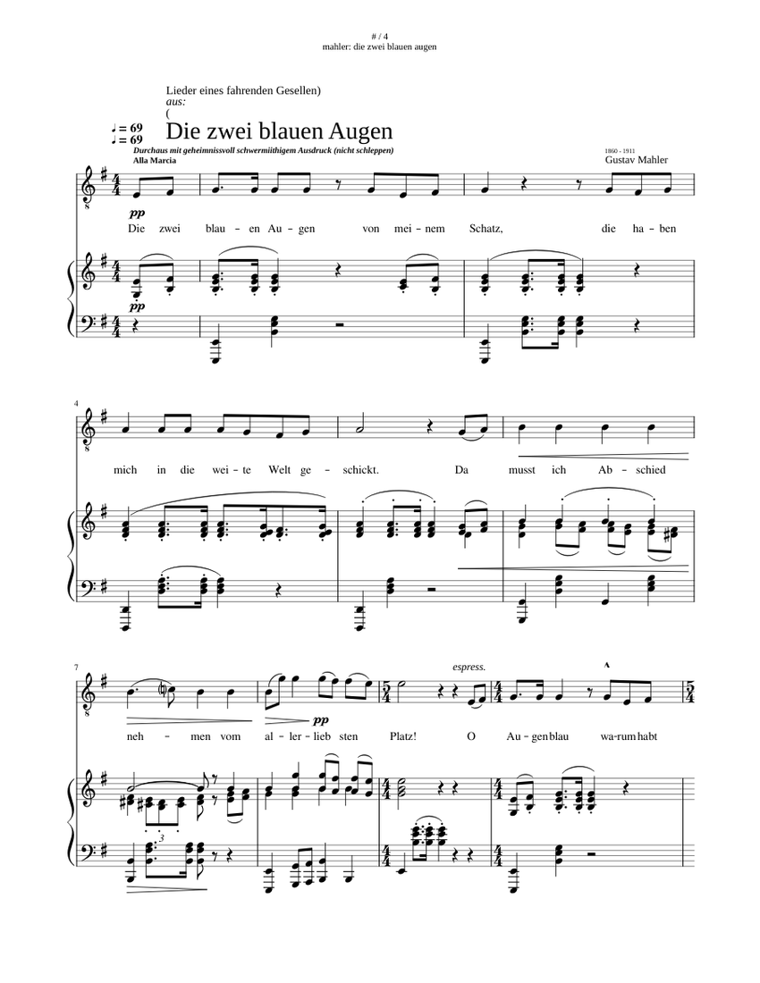 Die zwei blaue Augen from Lieder eines fahrenden Gesellen - Gustav Mahler Sheet music for Piano ...