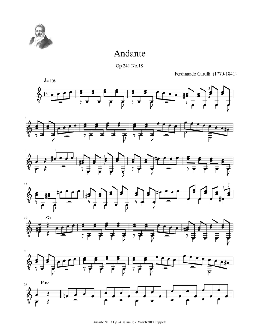 Andante Op.241 No.18 - Ferdinando Carulli (1770 - 1841) Sheet Music for Guitar (Solo ...
