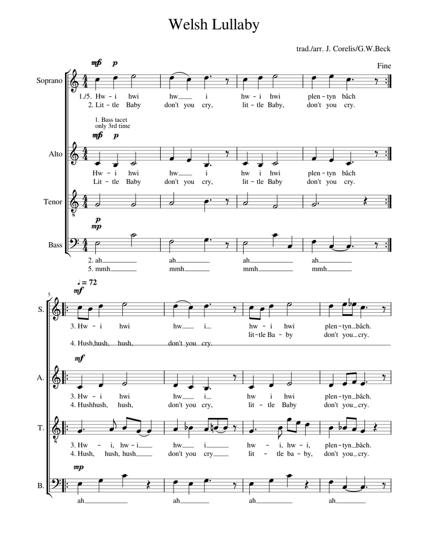 Welsh Lullaby Sheet music for Soprano, Alto, Tenor, Bass voice (SATB ...