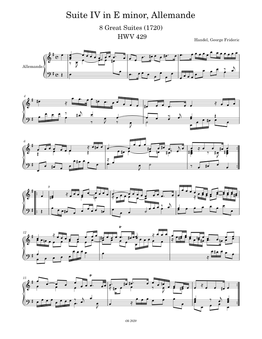 Handel, George Frideric, Suite IV in E minor, Allemande Sheet Music for ...