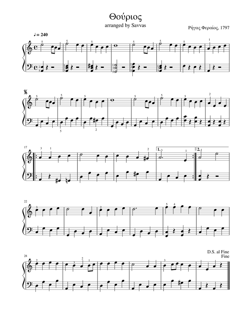 Θούριος του Ρήγα Φεραίου Sheet Music for Piano (Solo) | MuseScore.com