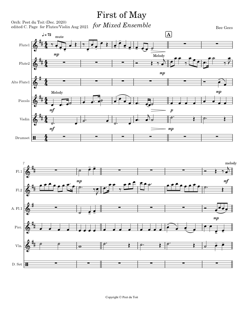 First of may – Bee Gees Sheet Music for Flute piccolo, Flute, Violin ...