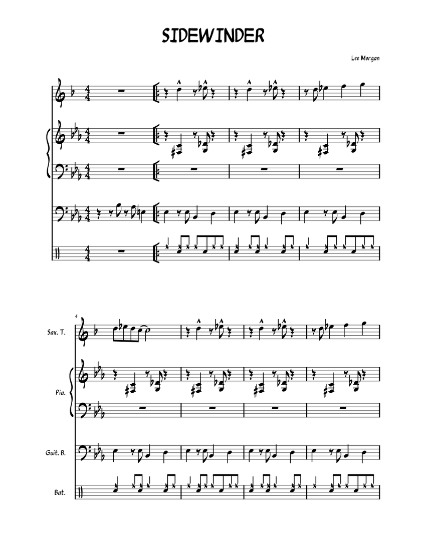 The sidewinder – Lee Morgan SIDEWINDER Sheet Music for Piano, Saxophone tenor, Bass guitar, Drum ...