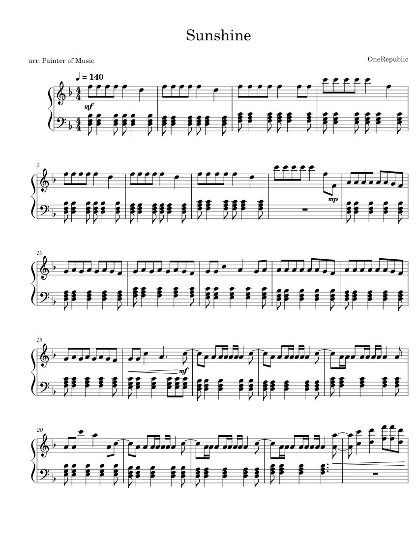 Sunshine – OneRepublic Sheet Music for Piano (Solo) | MuseScore.com
