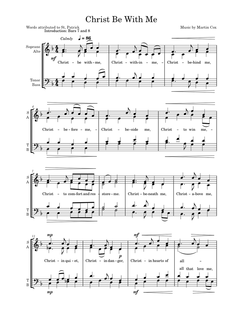 Christ Be With Me SATB by Martin Cox based on a prayer of St Patrick ...