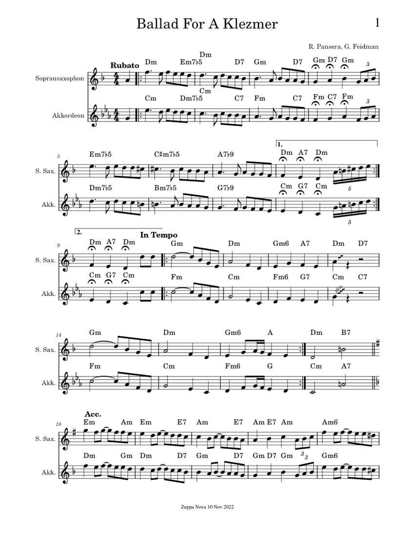 Ballad For A Klezmer Sheet music for Accordion, Saxophone soprano ...