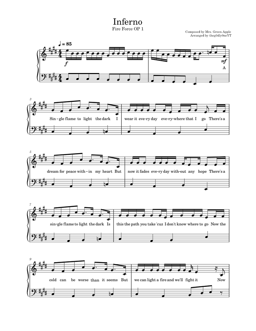 Inferno - Mrs. Green Apple - Medium - Translated Lyrics Included Sheet ...
