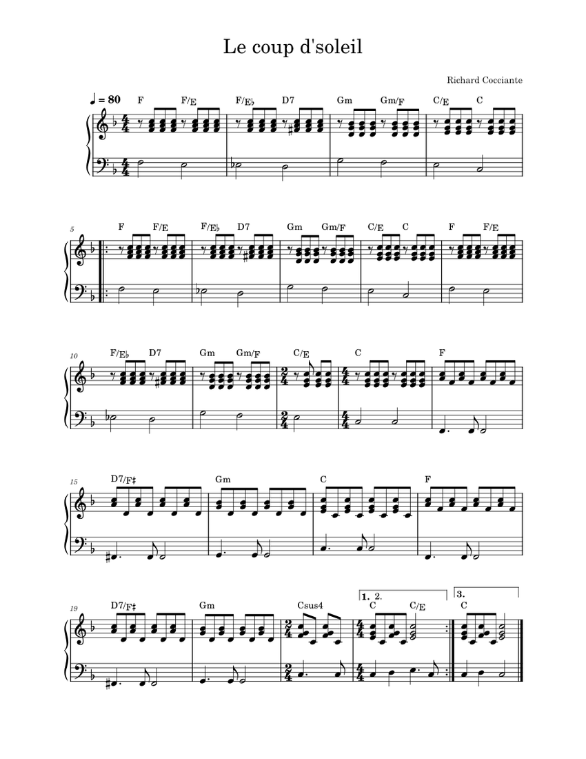 Le coup de soleil – Riccardo Cocciante - piano tutorial