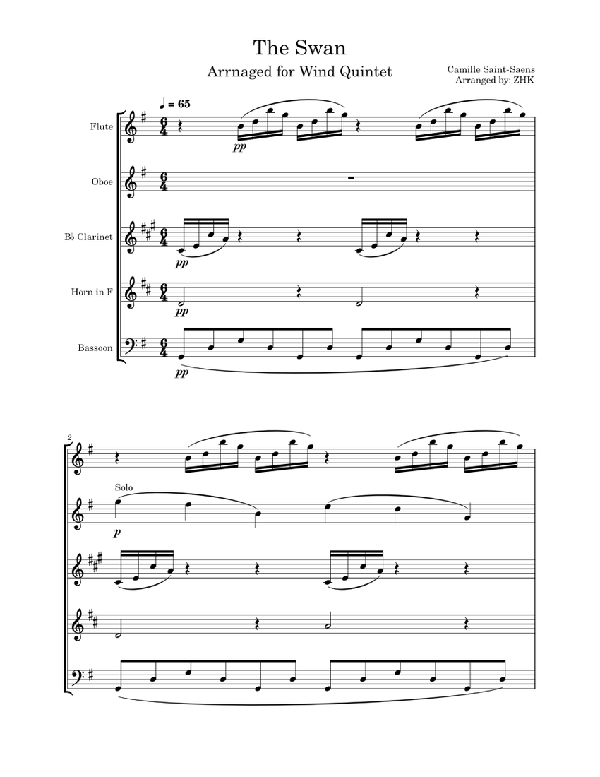 The Swan – Camile Saint Saens The Swan – Saint Saens for a Wind Quintet ...