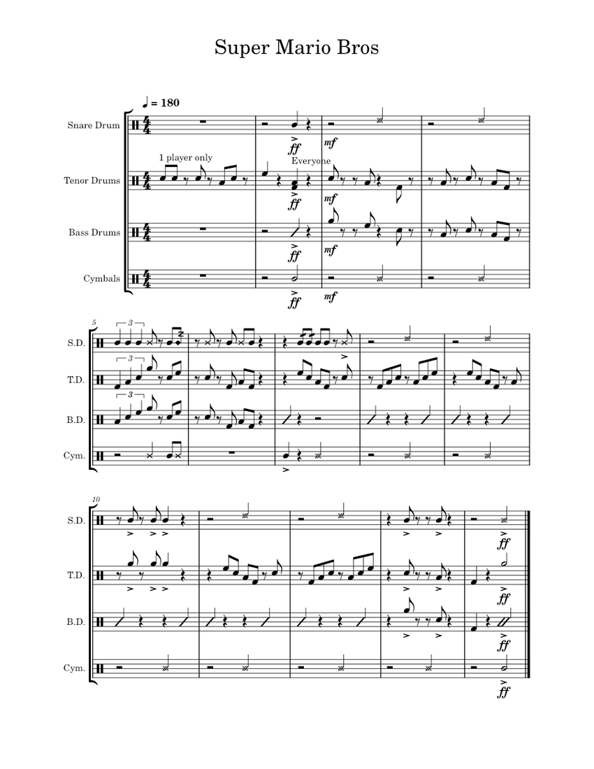 Super Mario Bros Drumline Cadence Sheet music for Snare drum, Crash ...
