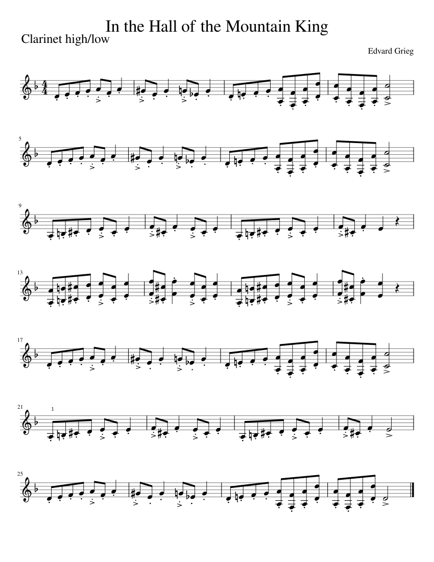 In the Hall of the Mountain King FM Clarinet Melody Solo High Low Sheet ...