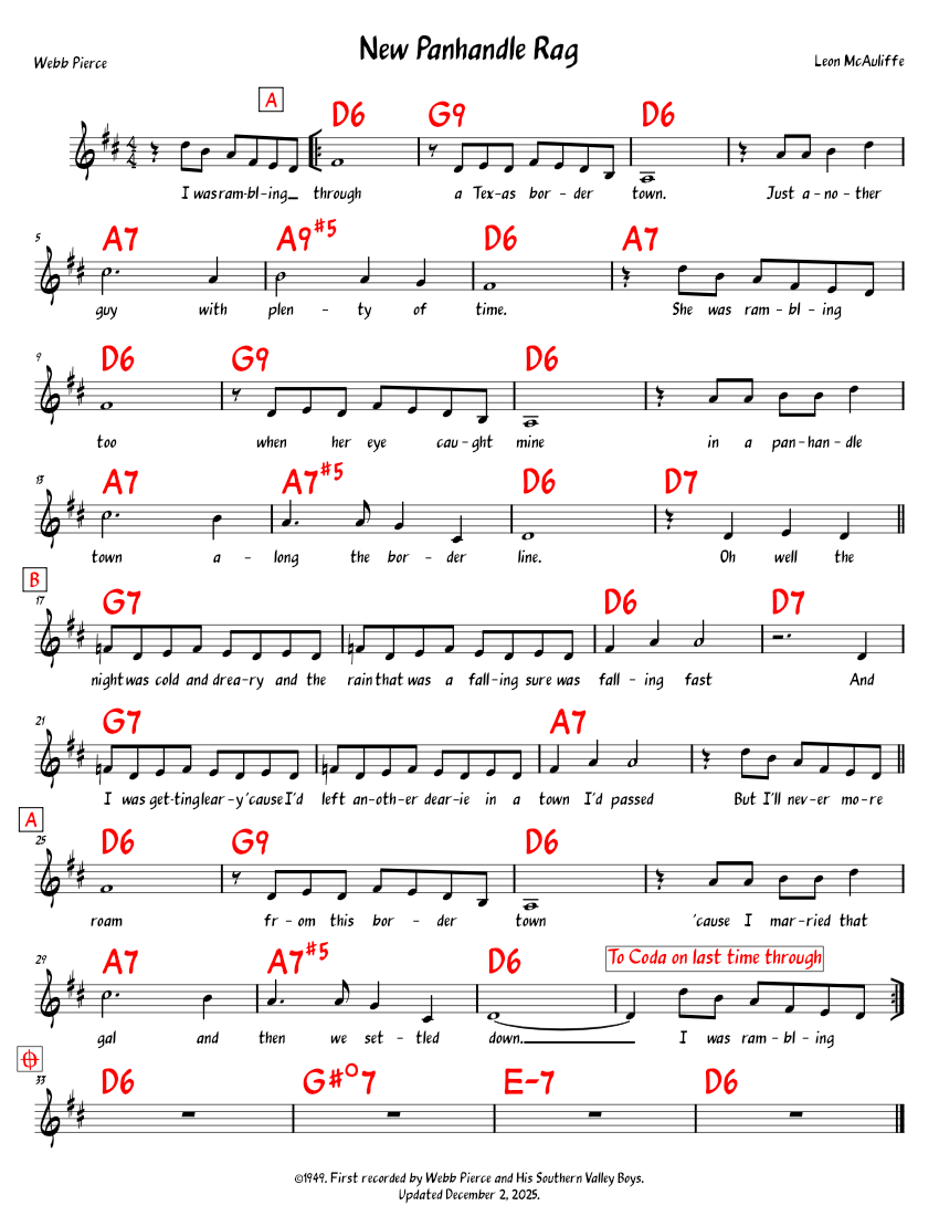 New Panhandle Rag – Leon McAuliffe, Webb Pierce (Lead Sheet) Sheet ...