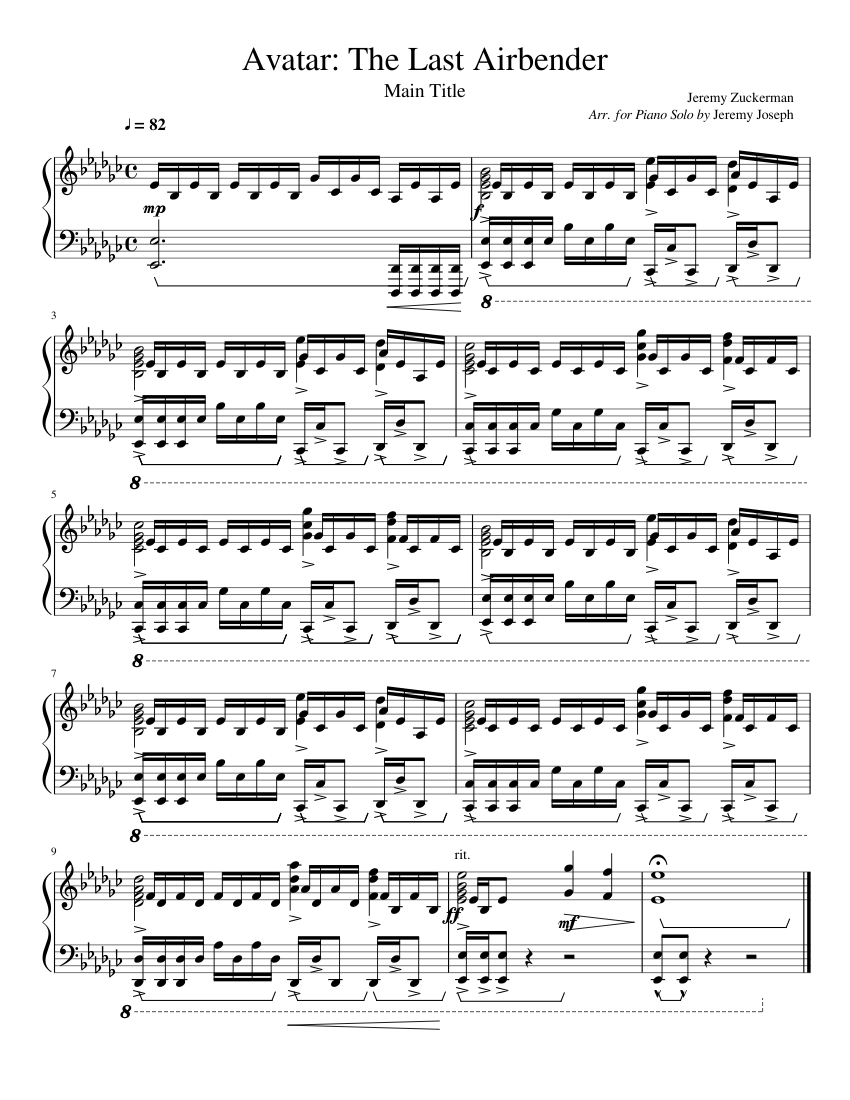 Avatar: The Last Airbender - Main Title Sheet Music for Piano (Solo ...