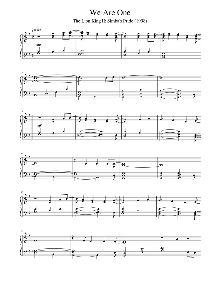 We Are One Sheet Music for Piano (Solo) Easy | MuseScore.com