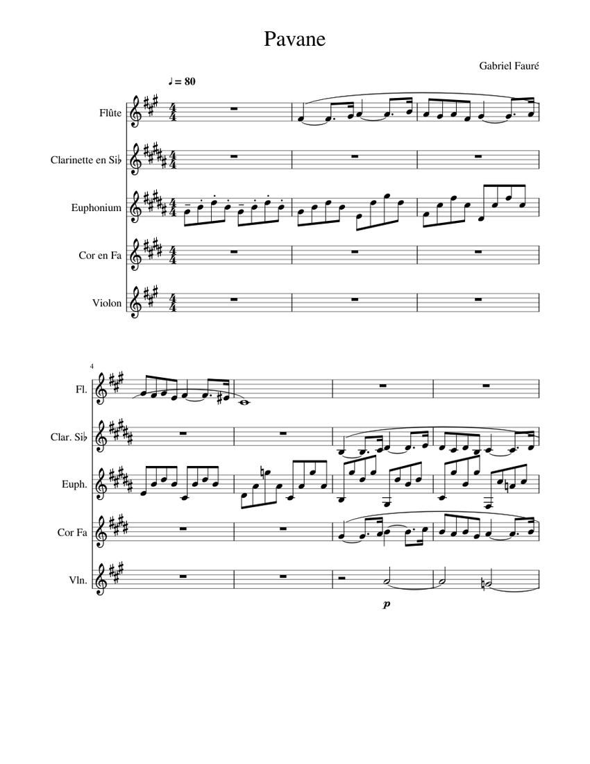 Pavane Sheet Music for Euphonium, Flute, Clarinet in b-flat, French ...